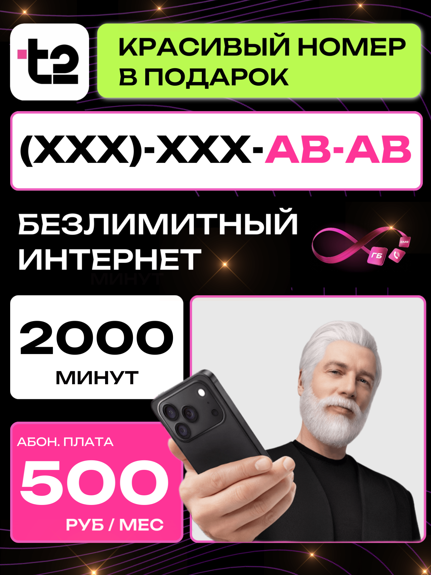 Сим карта. Красивый номер Теле2. Безлимитный интернет, 2000 минут.