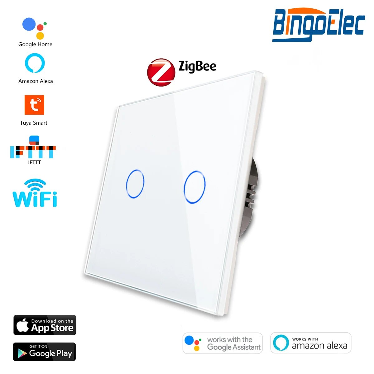 Умные сенсорные выключатели Bingoelec Zigbee 1/2/3 Gang 1 PCS PACK, 2gang white