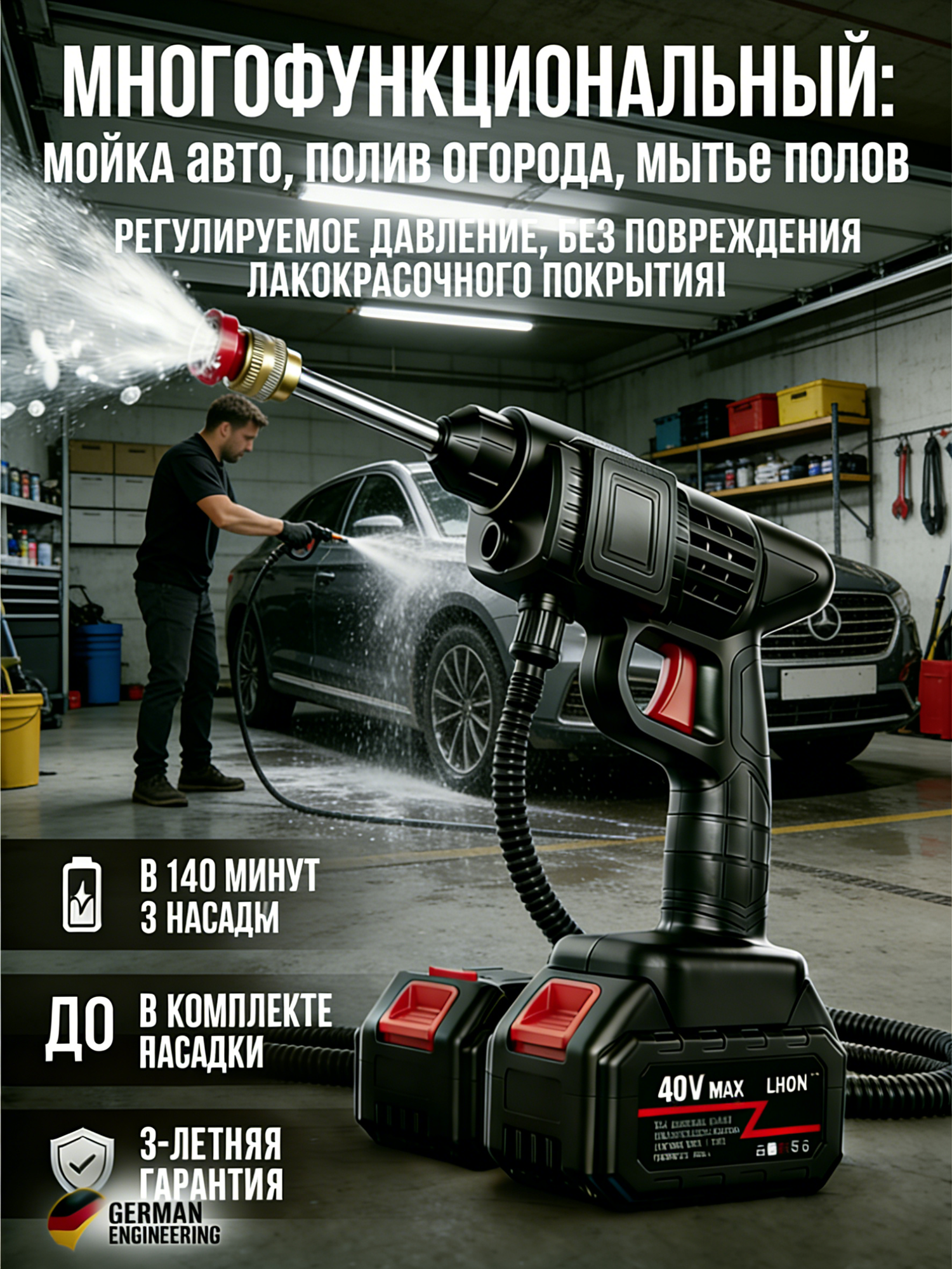 Мойка высокого давления, 1000 Вт, 30 Бар, для авто, 2 аккумулятора