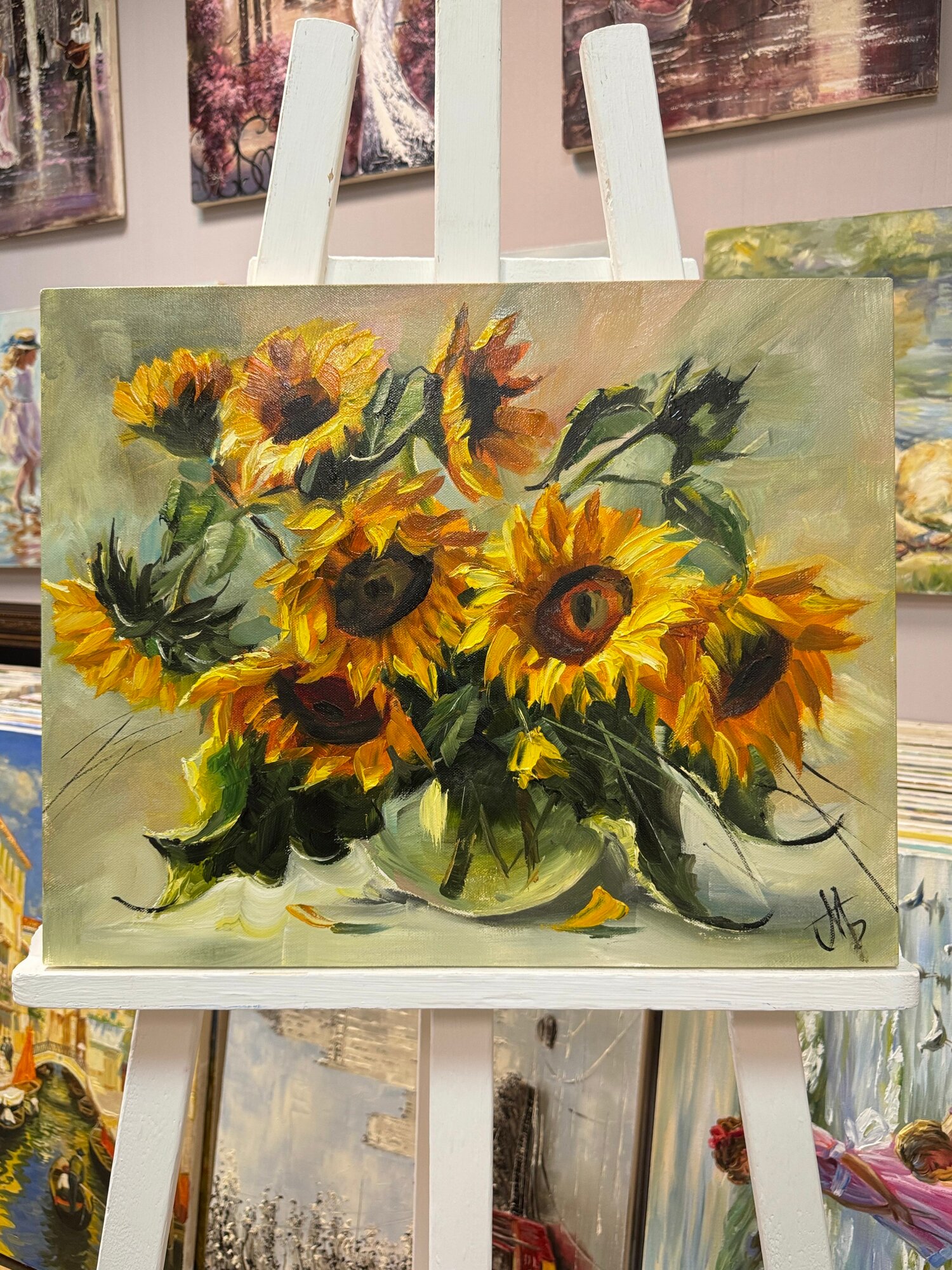 Картина маслом от художника, Подсолнухи в вазе 40x50 см. Художественная мастерская Грёзы.