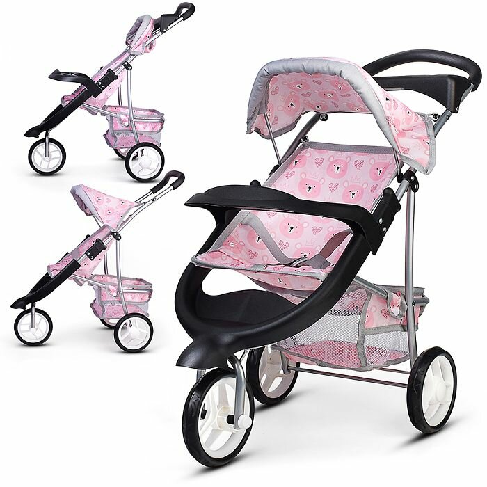 Коляска кукольная Melobo Трехколесная металлическая, с корзиной, козырьком и столиком 9614