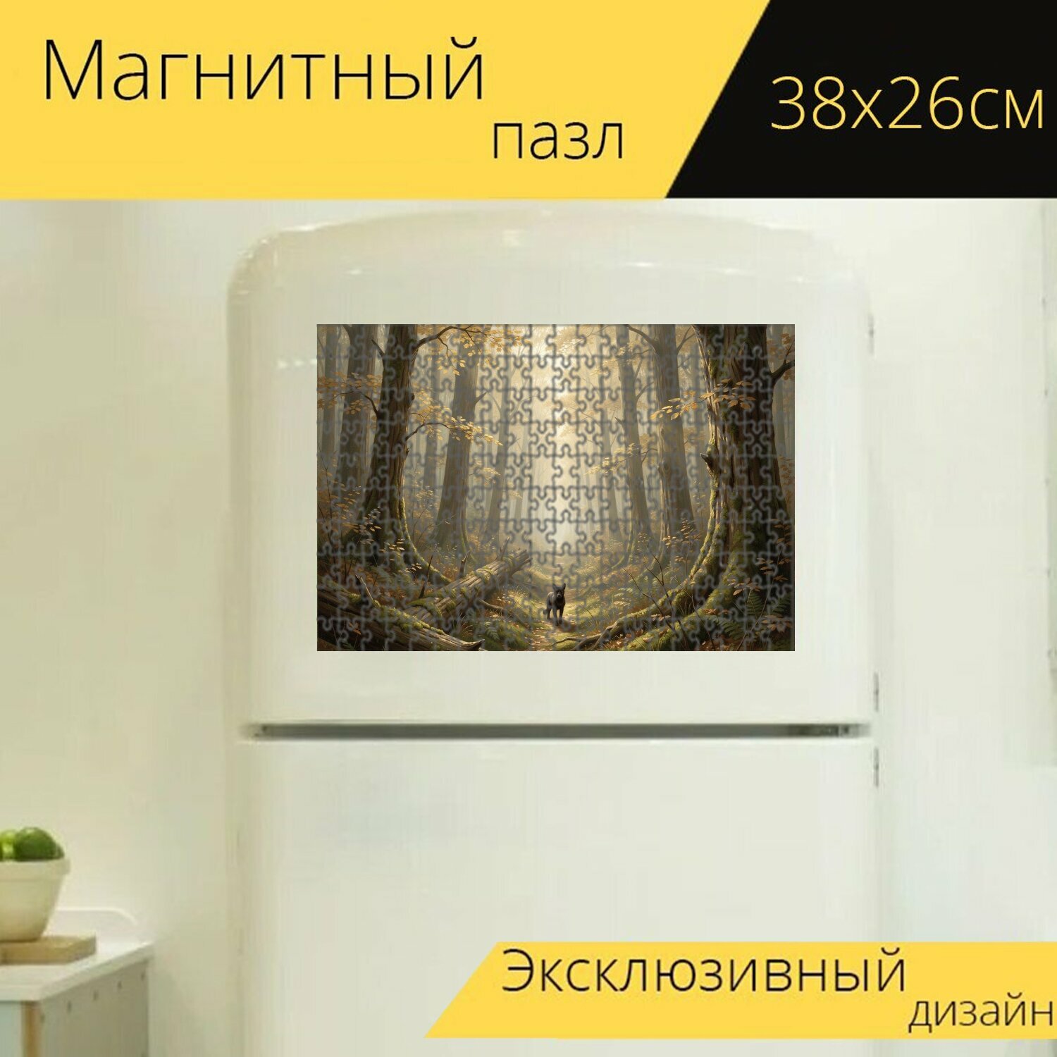 Магнитный пазл "Осенний лес с волком. Таинственная лесная тропа в золотистой дымке, высокие стволы и мох, опавшие листья, мягкий солнечный свет. Атмосферная." для интерьера, 38х26 см.