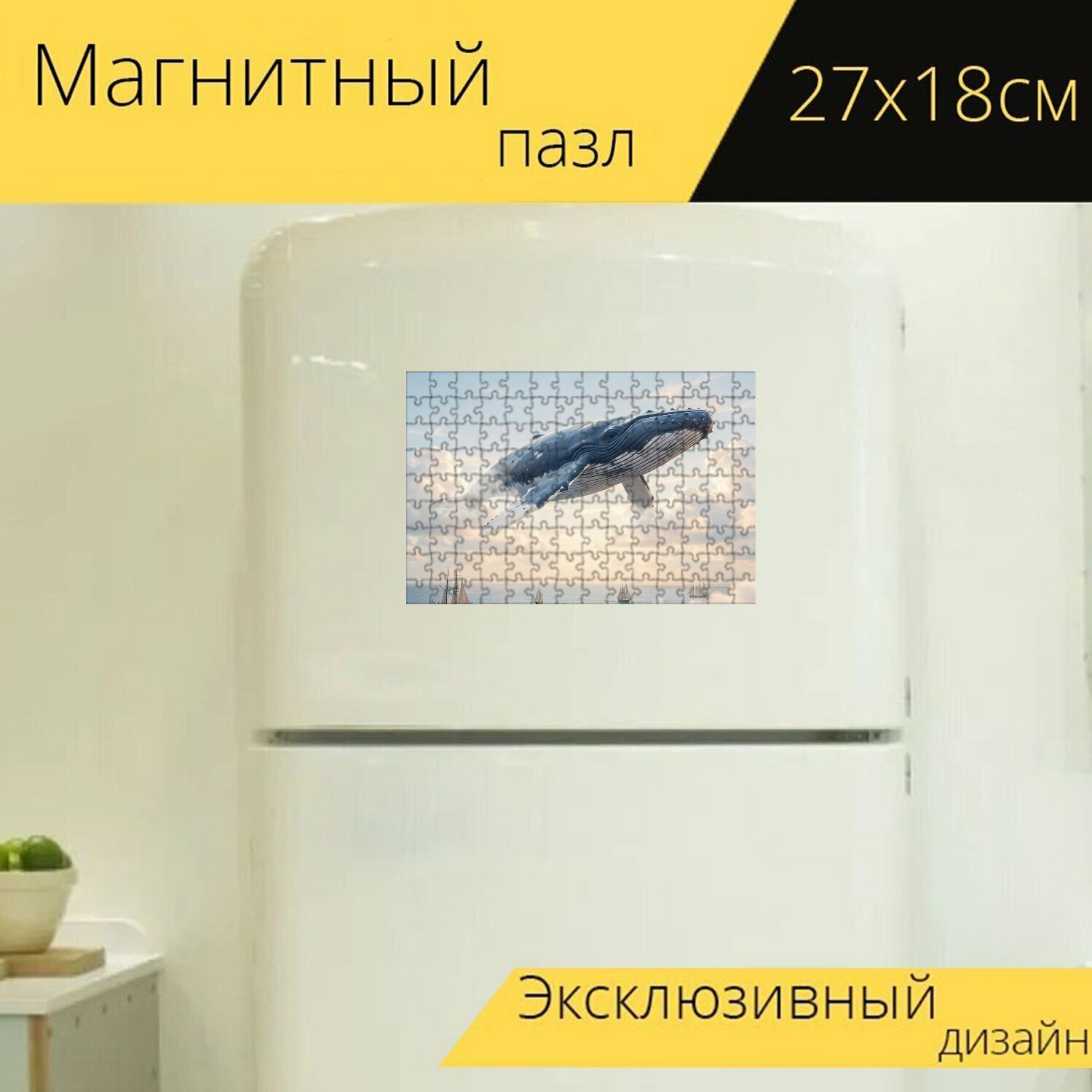Магнитный пазл "Кит над морским горизонтом. Фантазийный морской пейзаж с огромным морским гигантом в небе над спокойной водой, парусники внизу, мягкие." на холодильник 27 x 18 см.