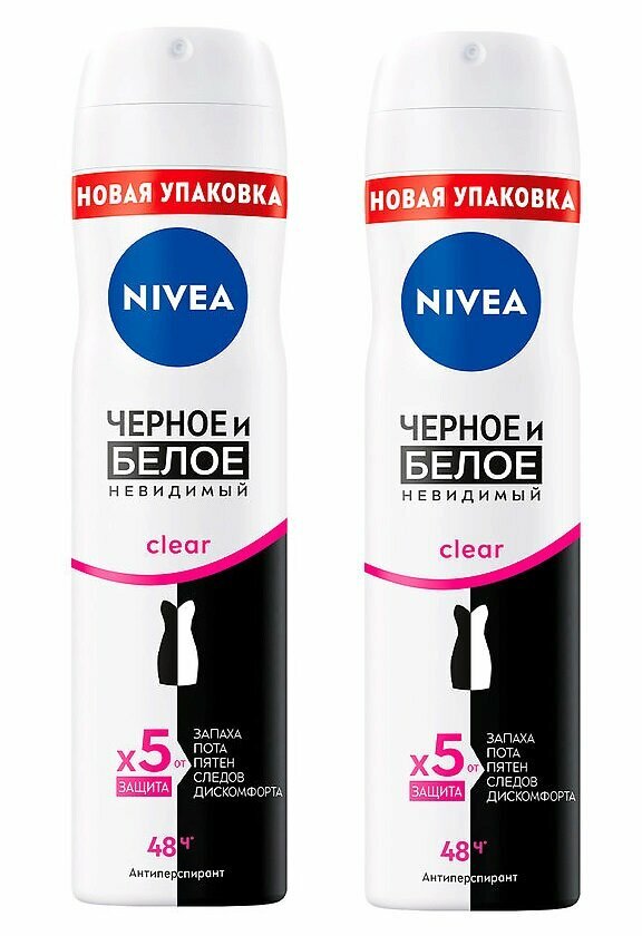 Дезодорант-антиперспирант Nivea спрей Невидимая защита для черного и белого(clear) ,150мл 2шт