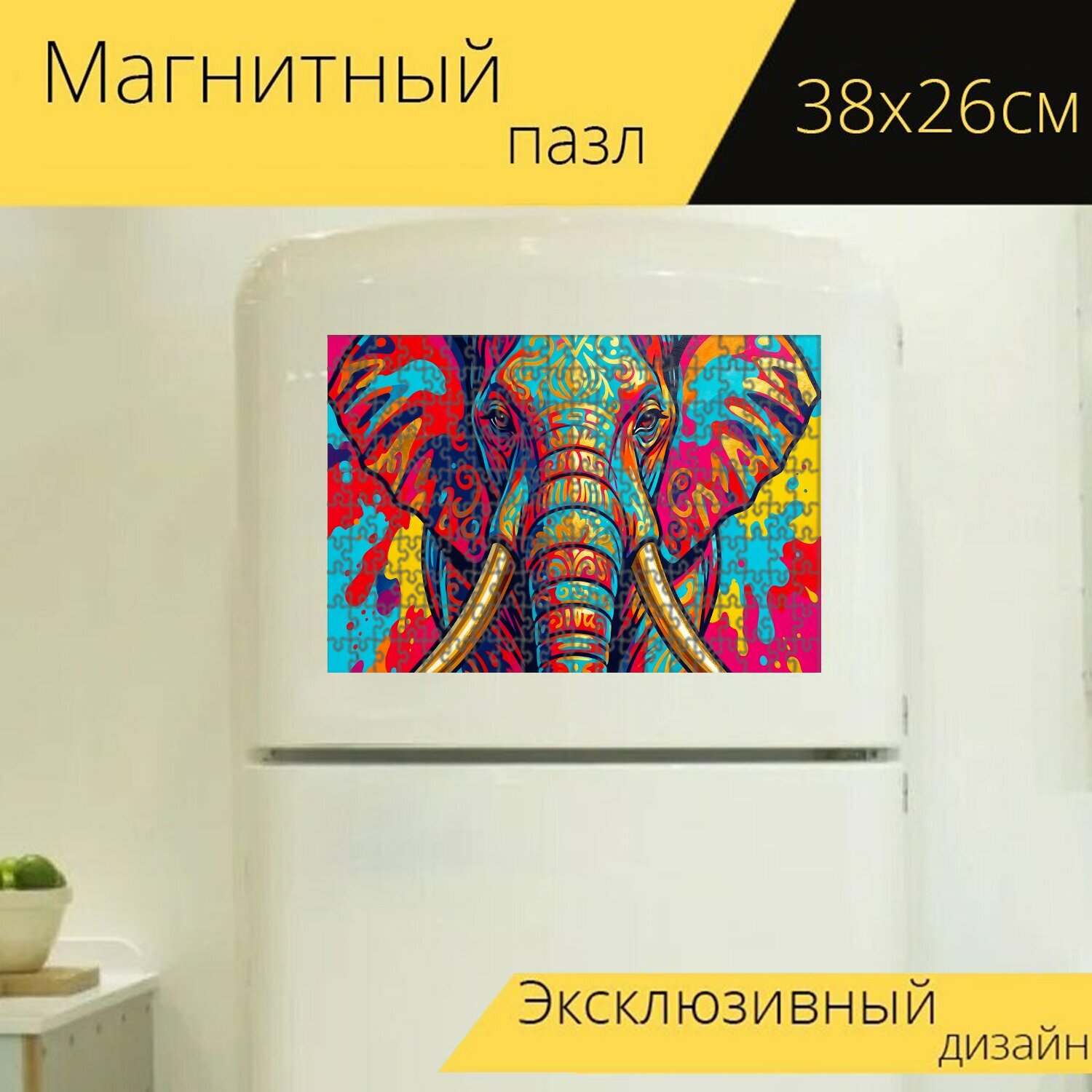 Магнитный пазл "Яркий поп-арт слон. Экзотическое животное анфас с длинными бивнями, орнаментальным узором и неоновыми красками. Абстрактная графика." для интерьера, 38х26 см.