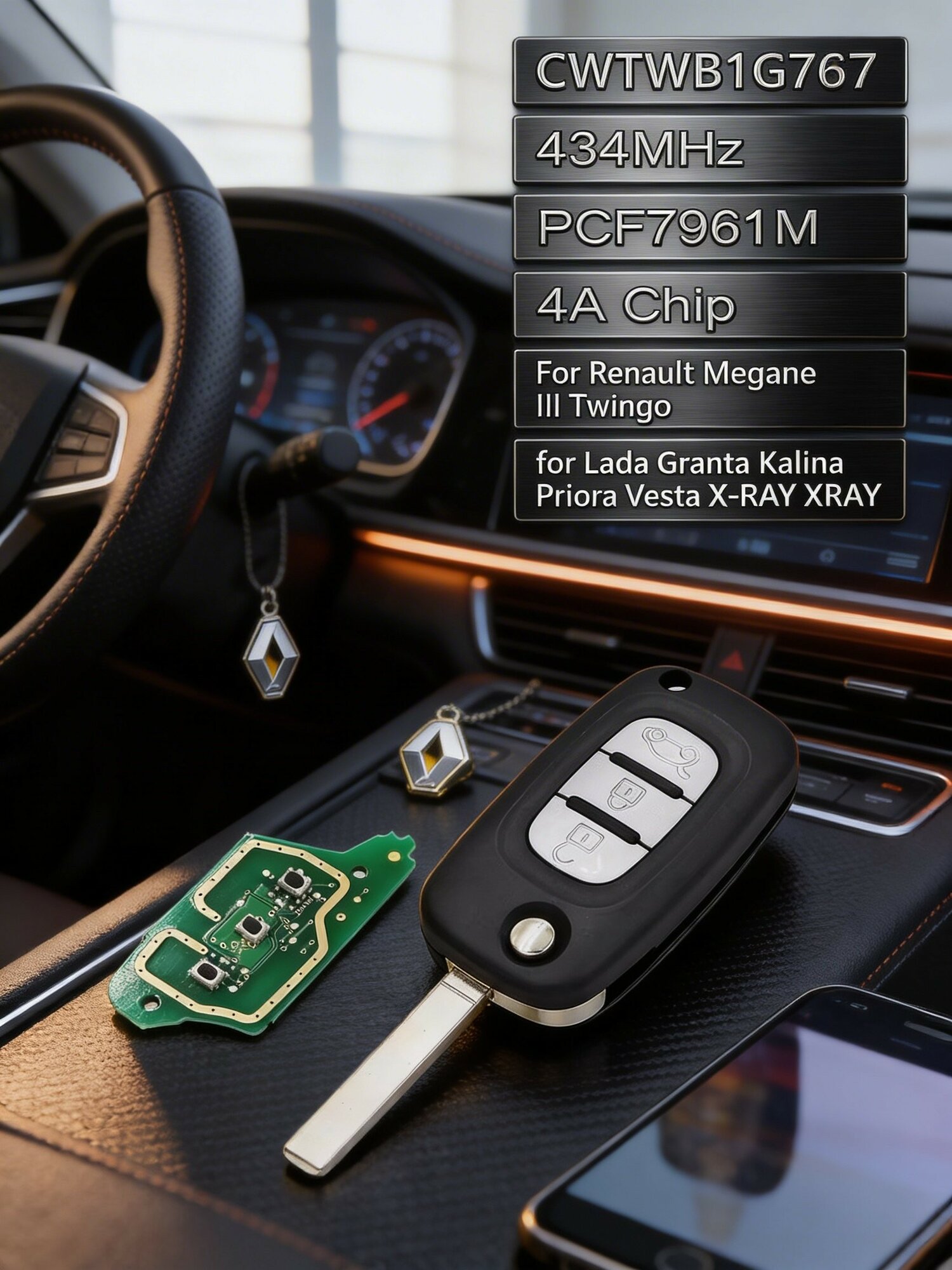 Дистанционный ключ зажигания для LADA Vesta, XRAY, Largus и Renault Megane III Twingo, полный комплект с корпусом, пультом, чипом, лезвием и батареей