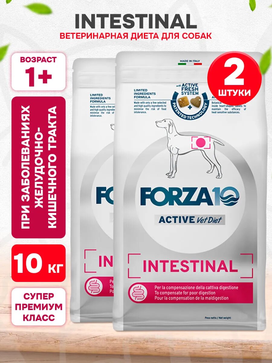 Корм сухой Forza10 Dog Active Vet Diet Intestinal для взрослых собак всех пород при заболеваниях ЖКТ, 10 кг х 2 шт