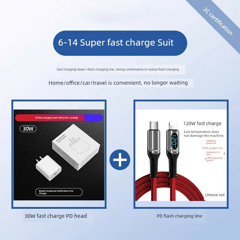 Комплект: 30 Вт адаптер PD + кабель Apple USB-C для iPhone 6-14, 2.0 м, Красный