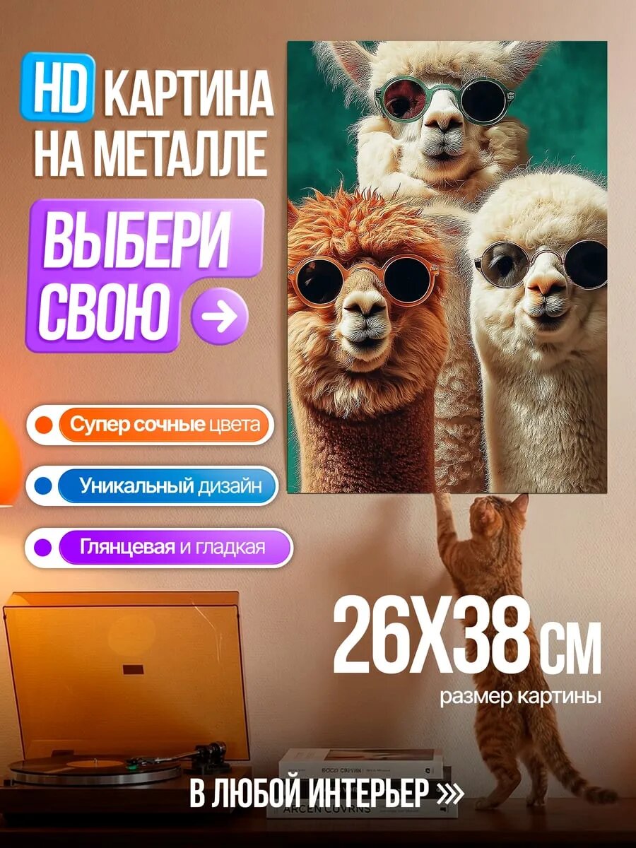 Картина на HD металле Три альпаки в очках