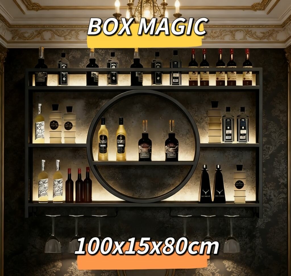 Настенная полка для винных бутылок и бокалов 100×15×80 см — прямая барная полка для бара, ресторана и дома, металл