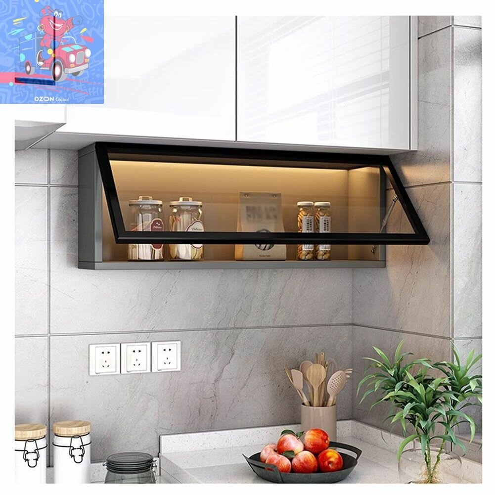 Навесной кухонный модуль 60×22×30 см с трёхцветной LED‑подсветкой, дверца на газлифте, алюминиевая рама, стекло
