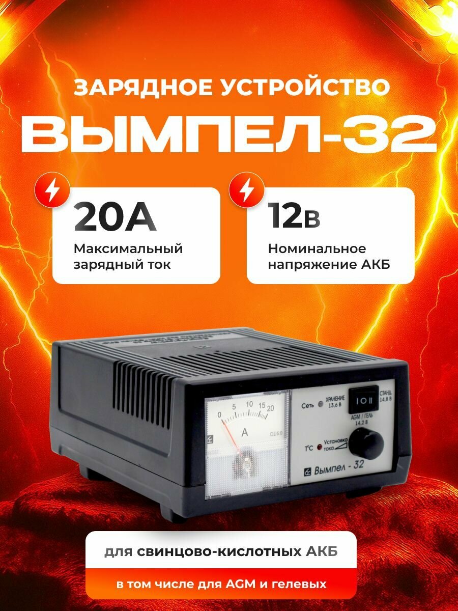 Зарядное устройство для гелевых аккумуляторов 12v автомобиля вымпел 32 (и любых других типов свинцово-кислотных АКБ 12В: AGM, GEL, EFB, WET)