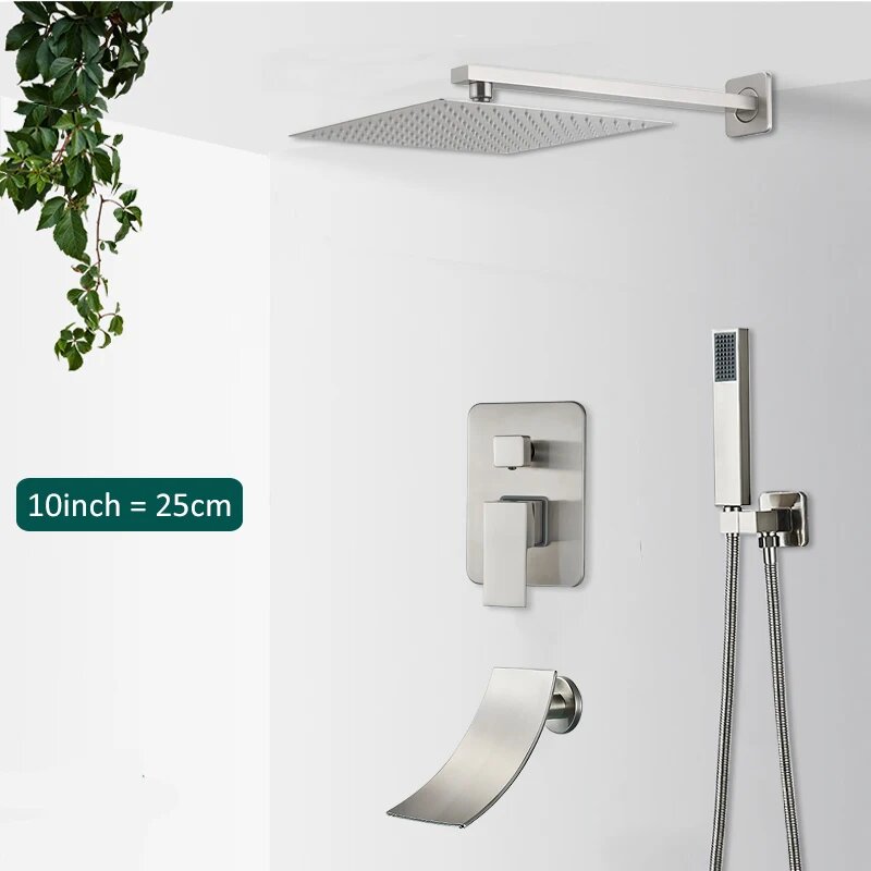 Душевые смесители с вибрационно-обработанным никелем Набор дождевого водопада Душовая система Мостовая ванна Душевой смеситель Комбинированный душевой набор для ванной - 3-ходовой 10 водопад A