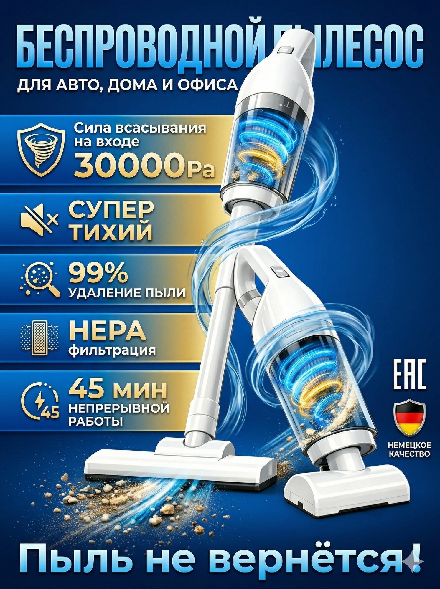 Пылесос вертикальный беспроводной для дома и авто