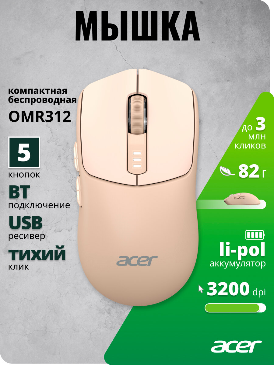 Мышь Acer OMR312 розовый оптич. 3200dpi беспров. BT/Radio USB 5but (ZL. MCECC.036)