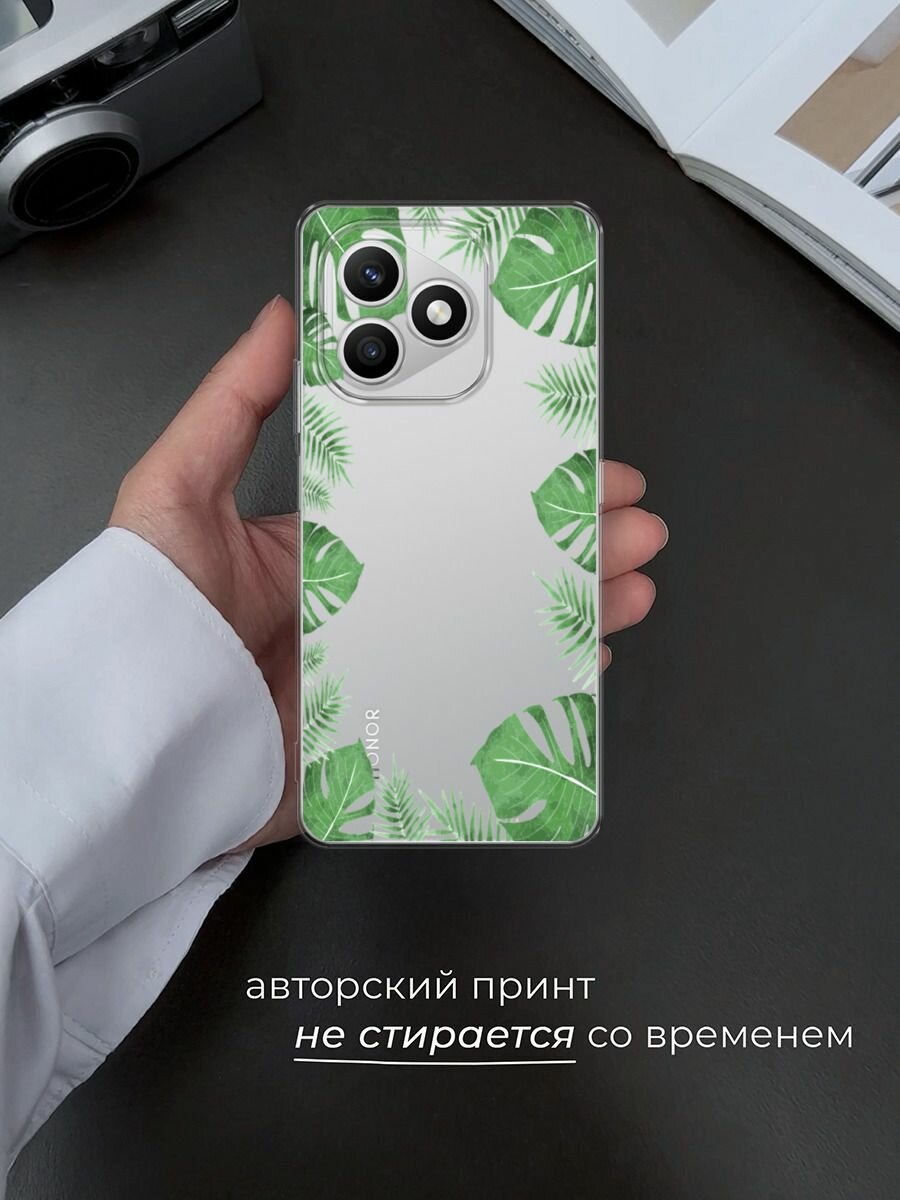 Чехол на Honor X8d / Хонор X8d с принтом Листья папоротника рамка, прозрачный — фото 1