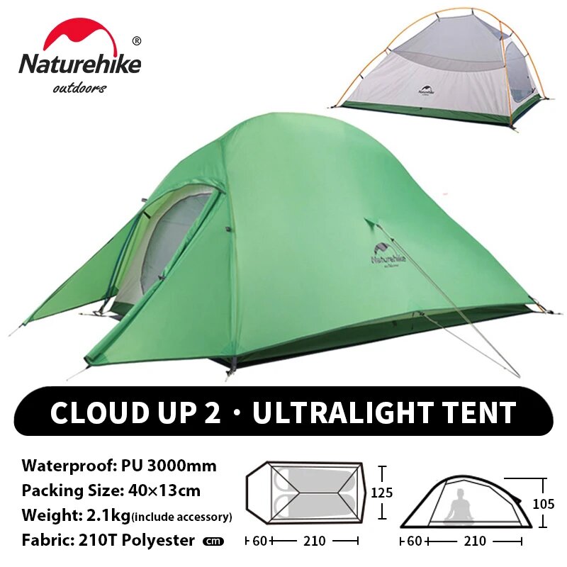 Палатка Naturehike Cloud Up для 2 человек ультralегкая 20D, водонепроницаемая, для туризма, походов, путешествий, велосипедных прогулок, рыбалки - 210T зеленая