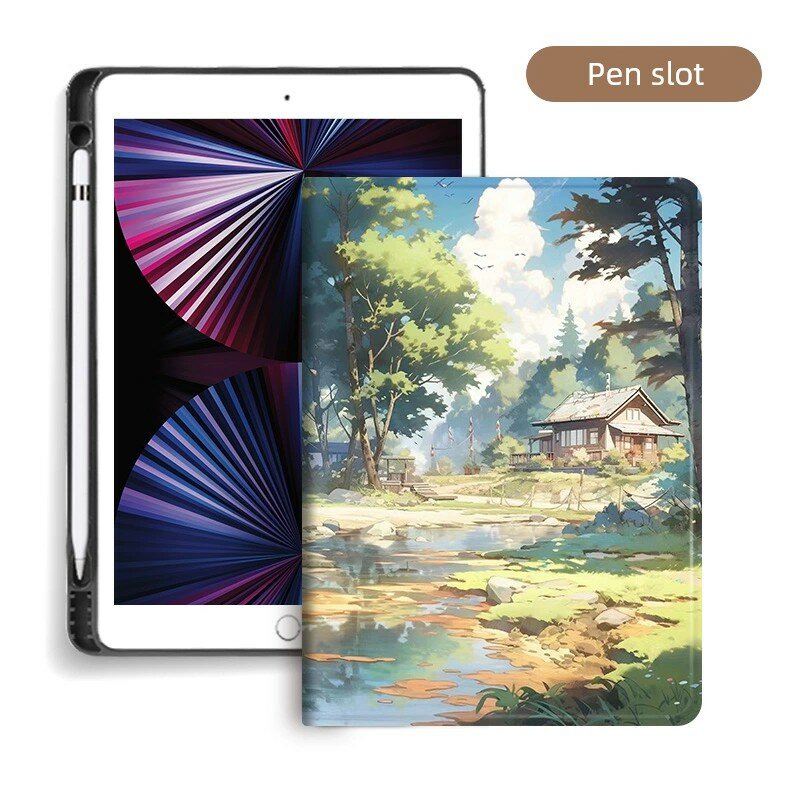 Защитный чехол для iPad Pro 2024 13 дюймов с книжным слотом для ручки и узором «Летний городок», совместимый с Apple