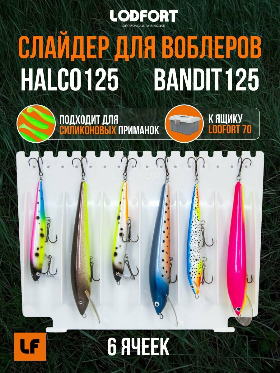 Слайдер для воблеров HALCO125 / BANDIT125 на 6 ячеек, для силикона, совместим с ящиком LODFORT 70