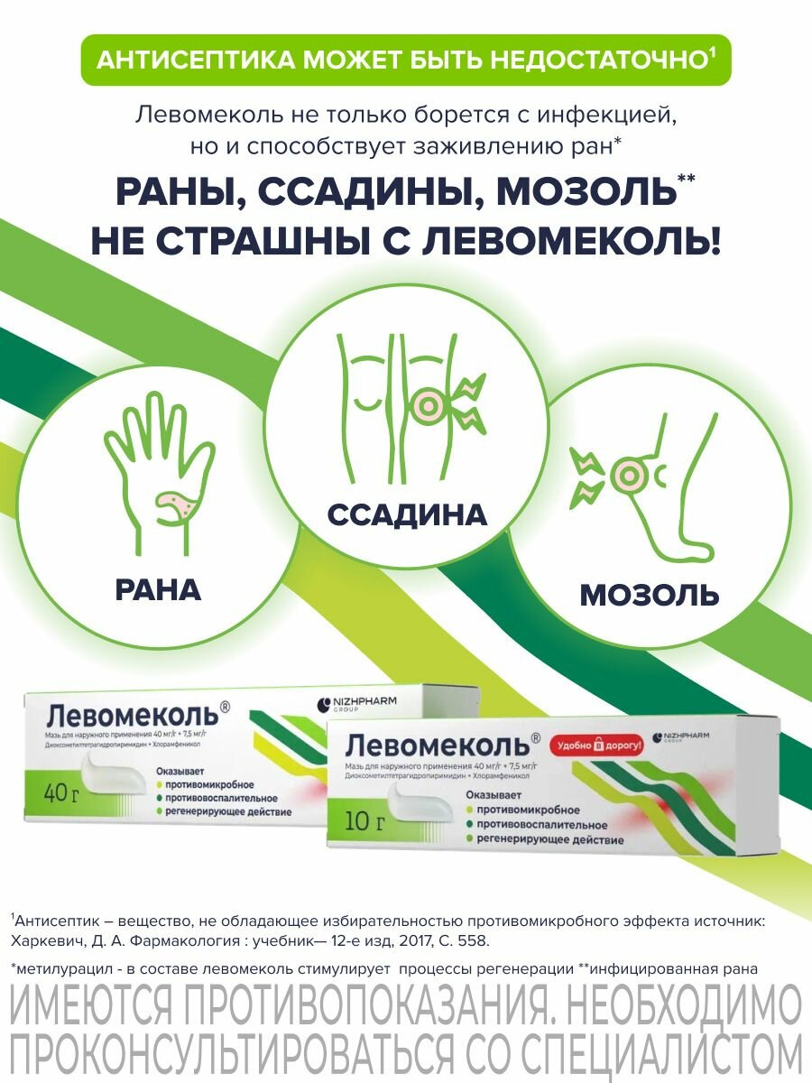 Левомеколь ранозаживляющая мазь для лечения инфицированных ран от порезов, ссадин, травм, ожогов, для взрослых и детей от 1 года 40 г — фото 1
