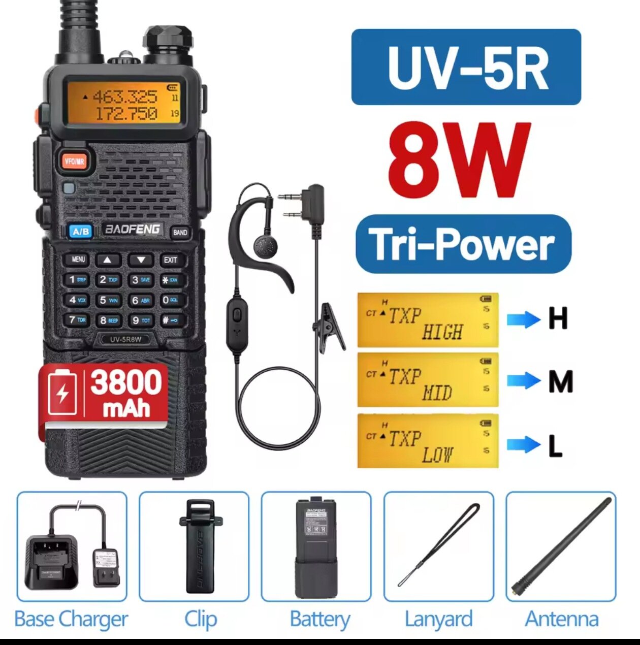 Радиостанция Baofeng UV-5R портативная 8 Вт, двухдиапазонная, с LCD дисплеем и аккумулятором 2800 мАч, дальность связи до 10 км