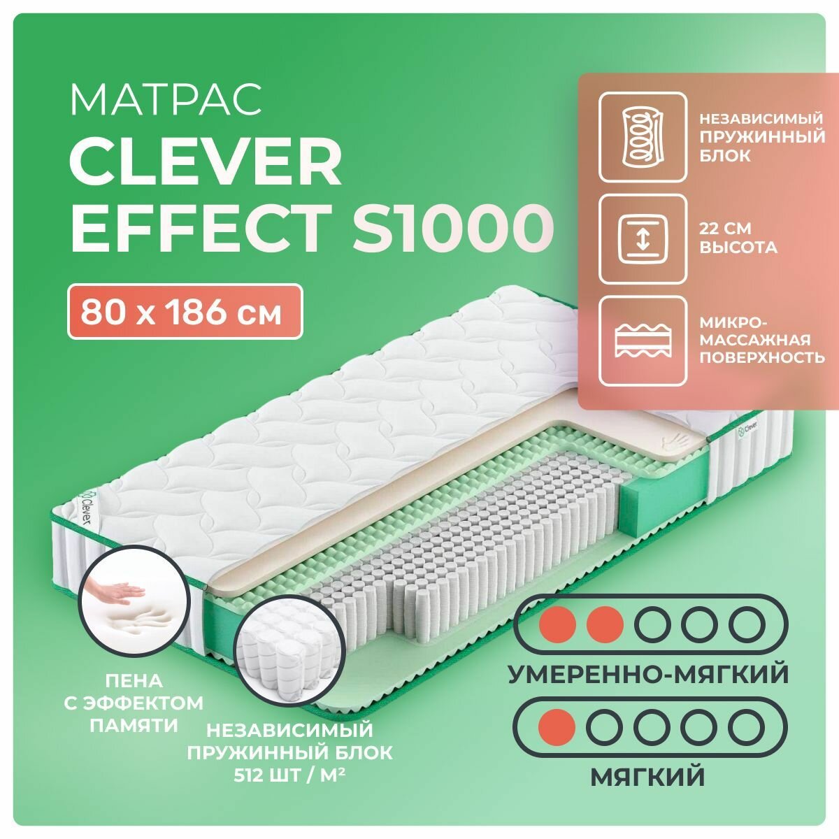 Матрас 80х186 Clever Effect S1000, независимые пружины, двусторонний с разной жесткостью, мягкий, полумягкий, memory foam пенополиуретан, односпальный 186х80