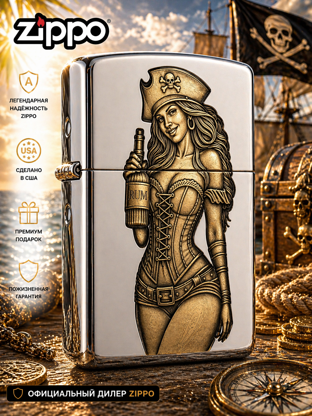 Зажигалка Zippo с гравировкой Королева Карибов