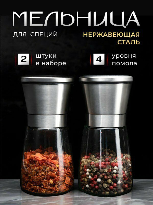 Мельница для специй TEO DANIELS, серая, металлическая, ручная, крышка в комплекте, 2 шт