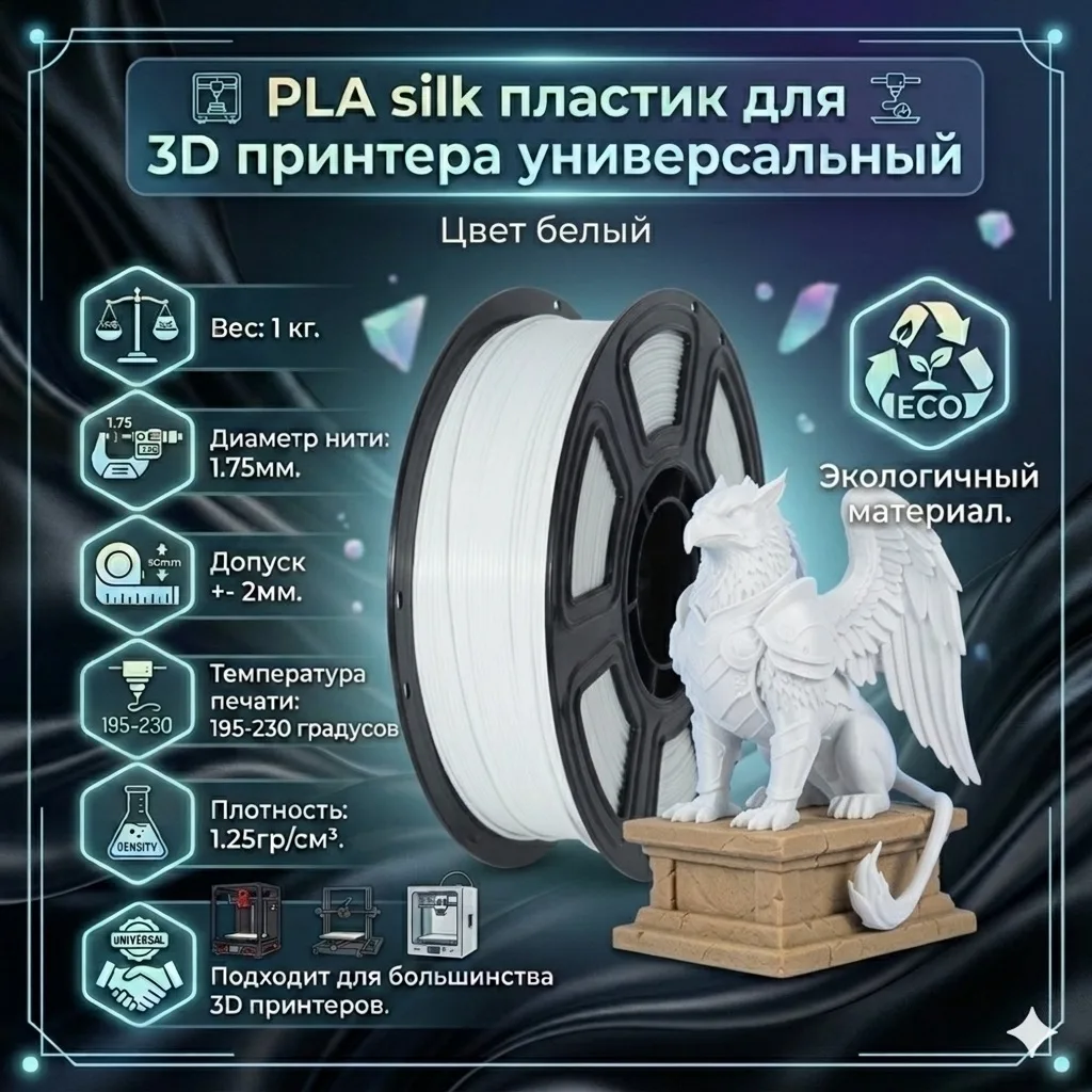 PLA Silk пластик для 3D принтера белый 1.75мм универсальный 1кг