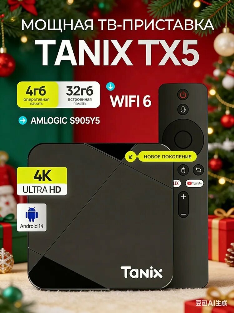 Медиаплеер/ Смарт ТВ приставка для телевизора, 4 ГБ/32 ГБ, Android 14.0, Amlogic S905Y5, 100M, 4K, Bluetooth, Wi-Fi. CD-проигрыватель