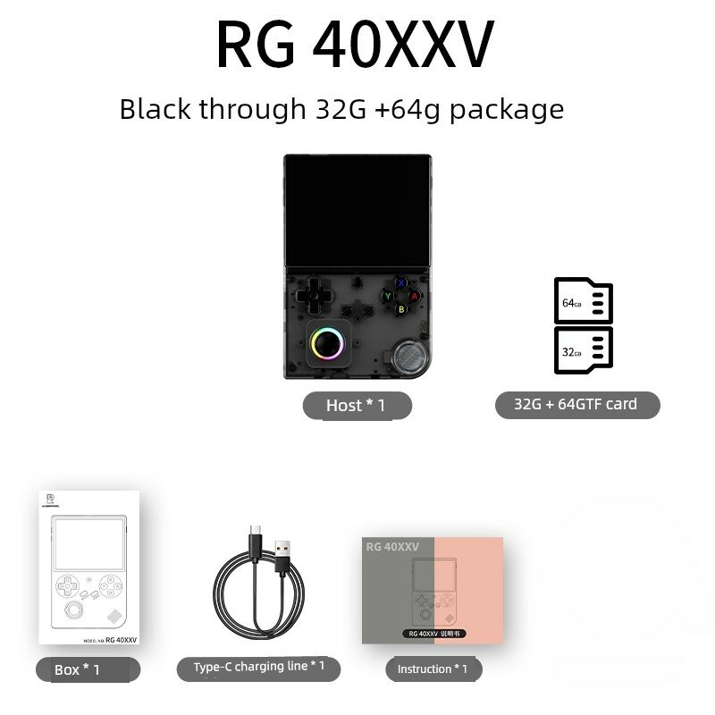 Портативная консоль Anbernic RG40XXV, Open System, 64GB, вертикальная, стриминг, черная, прозрачная