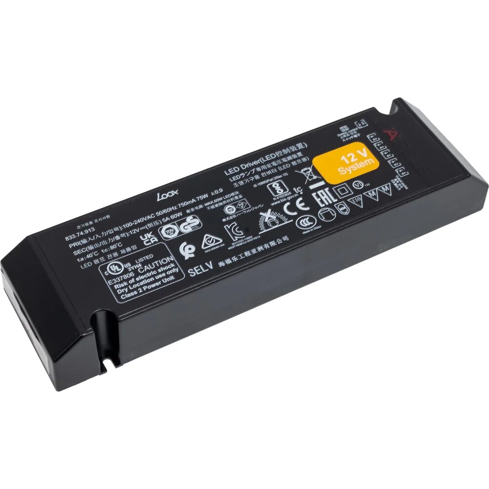 Драйвер LED 12V/0-60W, черный Hafele 833.74.913, защита от повышенного напряжения, для светодиодных ламп и панелей — фото 1