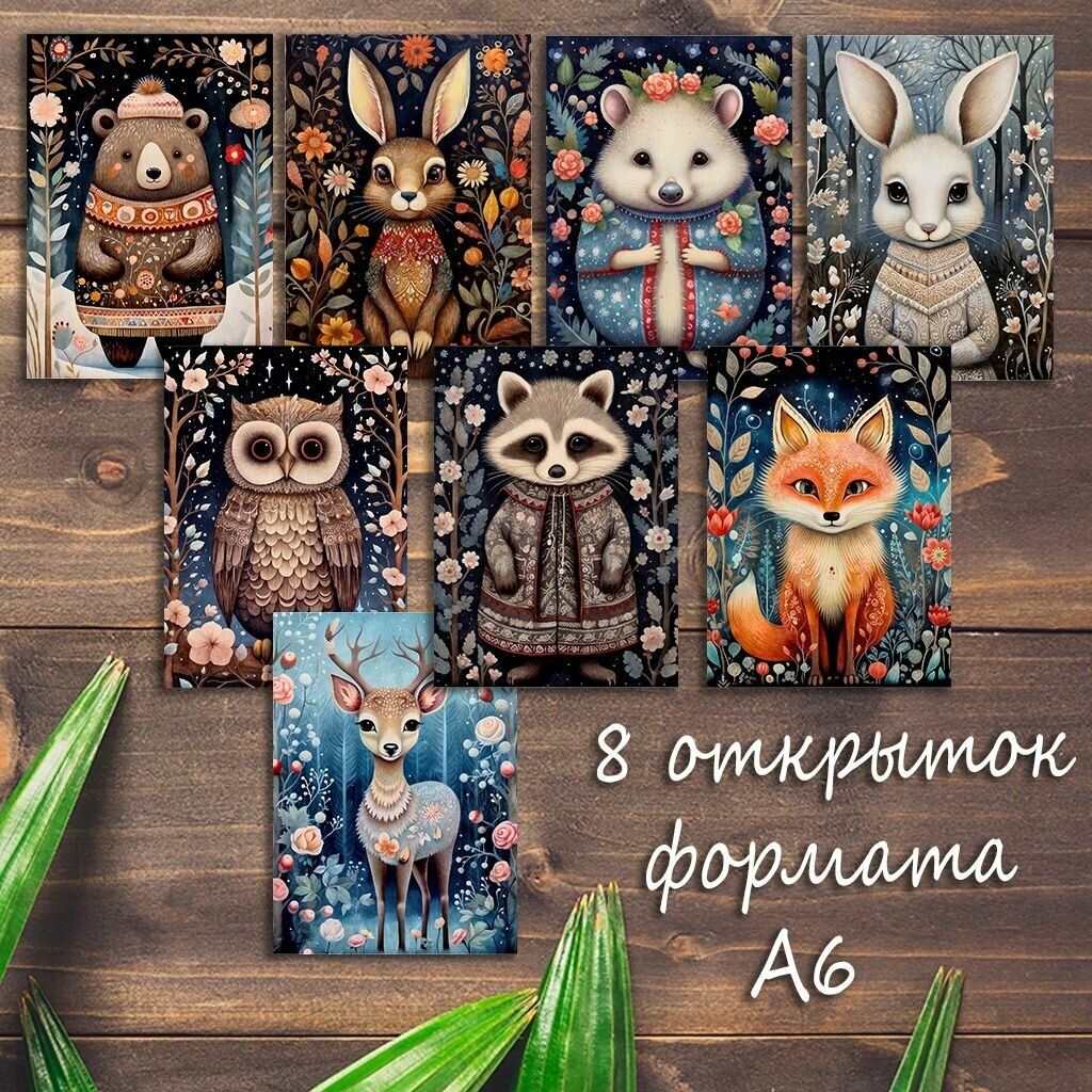Большой набор открыток Животные, 8 штук