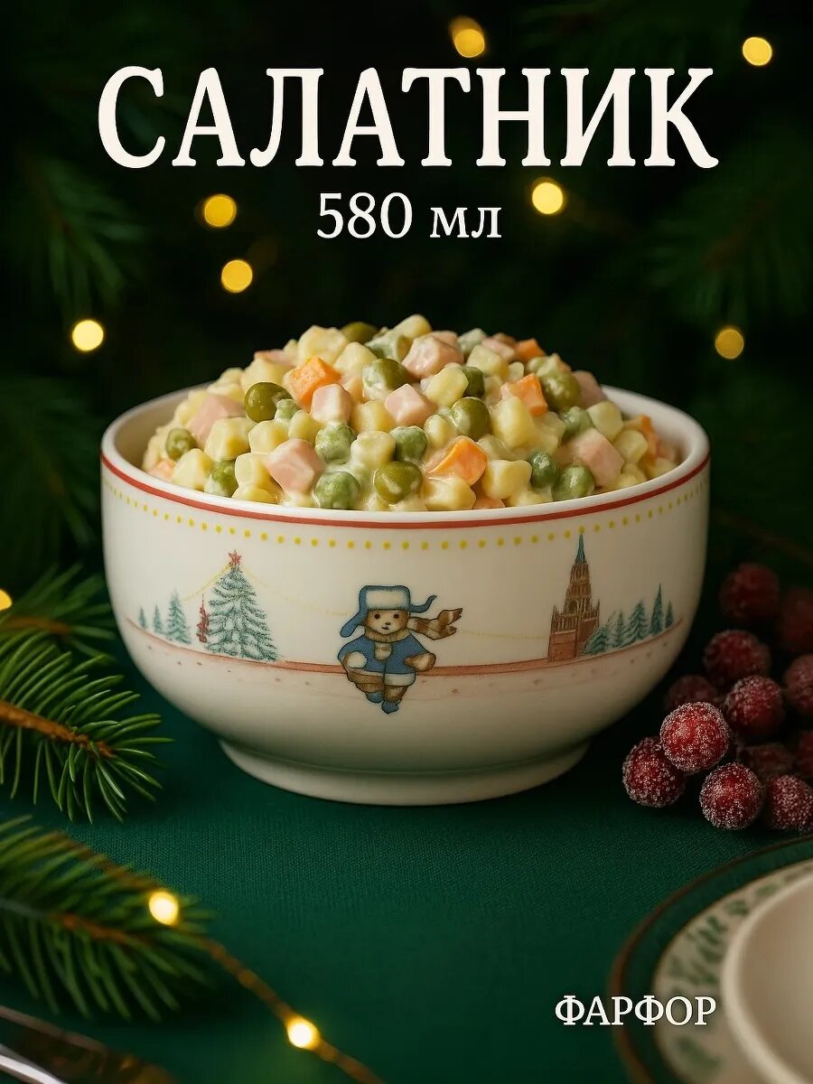 Салатник фарфоровый для подачи и сервировки Доляна «Московский мишка», 580 мл, d=15,5 см,