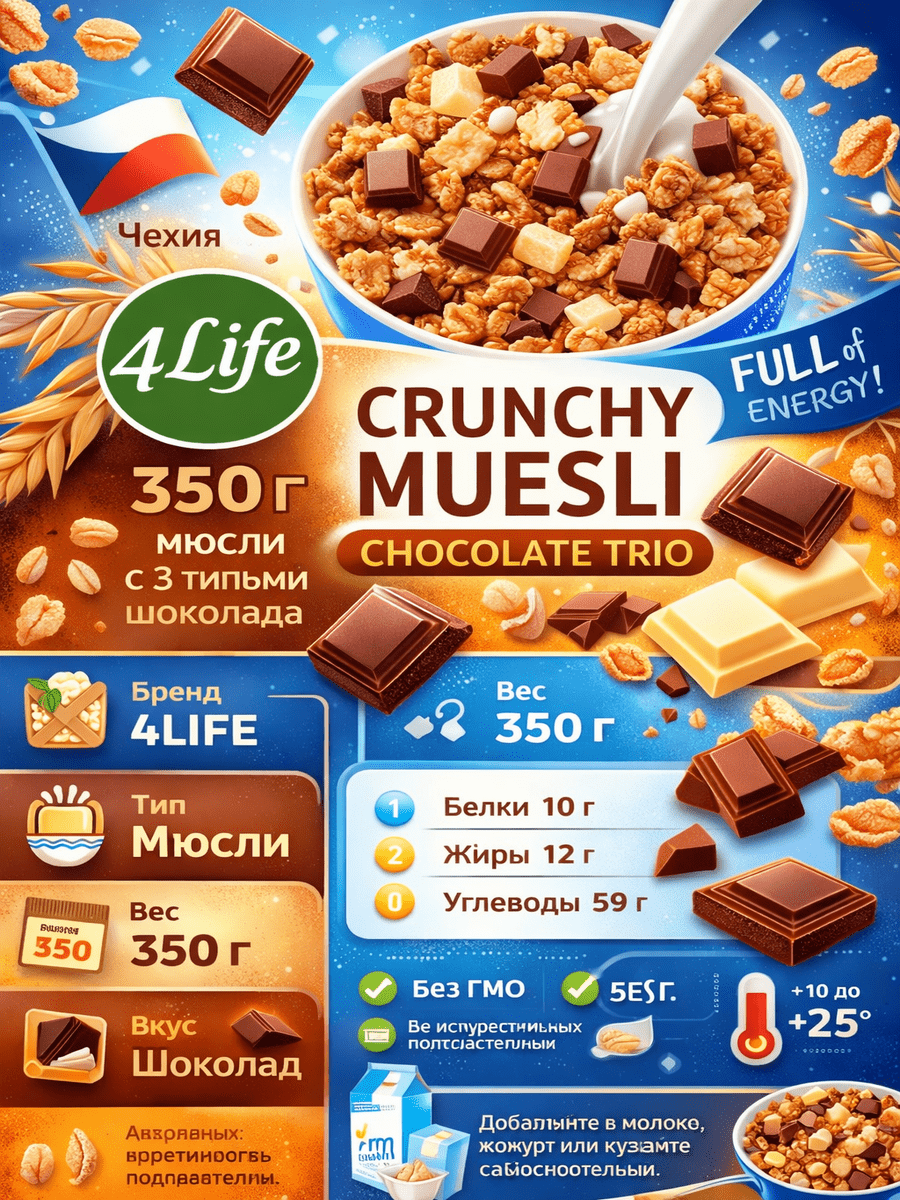 Мюсли 4Life 3 вида шоколада хрустящие, 350г