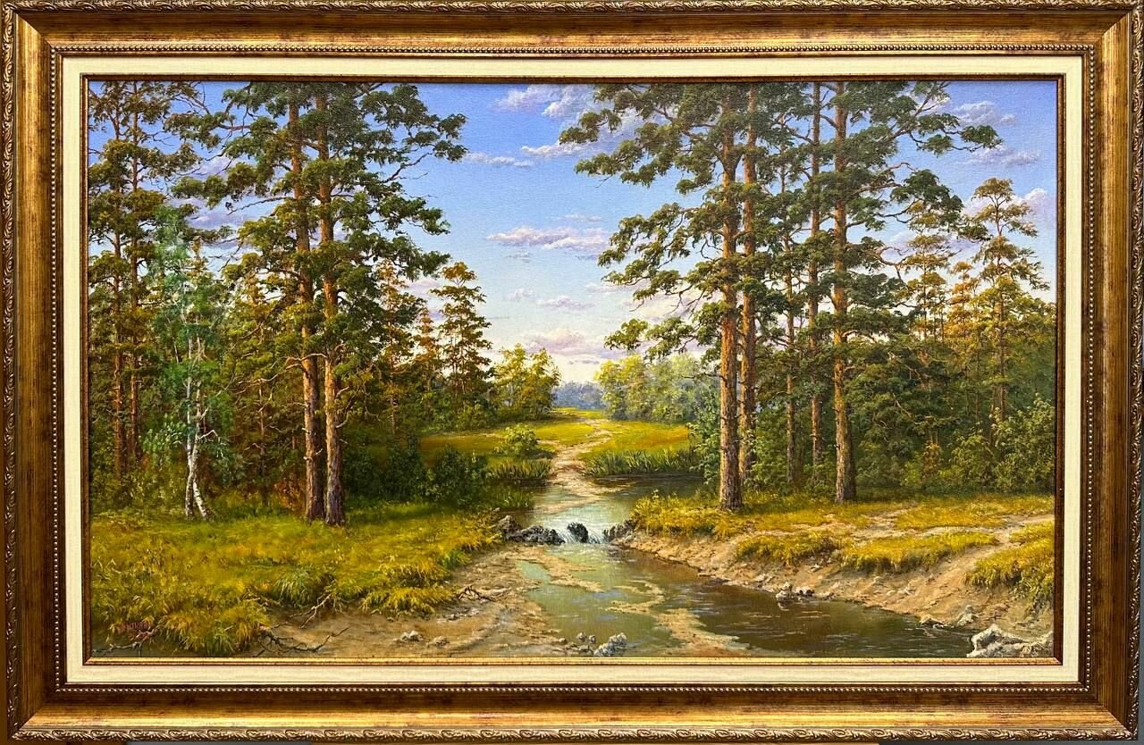 Картина маслом, летний пейзаж "Лесная речка". Холст/Масло. Размер 60х100. Автор Штынин А.