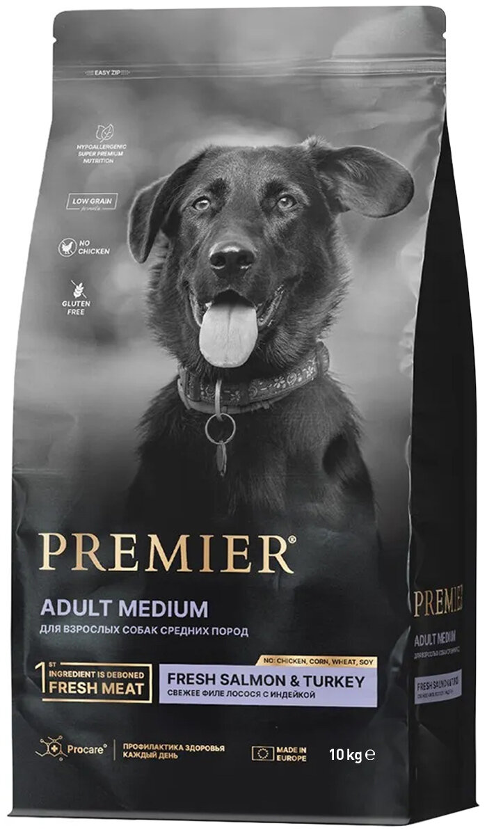 Корм сухой Premier Low Grain Dog Adult Medium Salmon & Turkey низкозерновой для взрослых собак средних пород, лосось, индейка, 10 кг