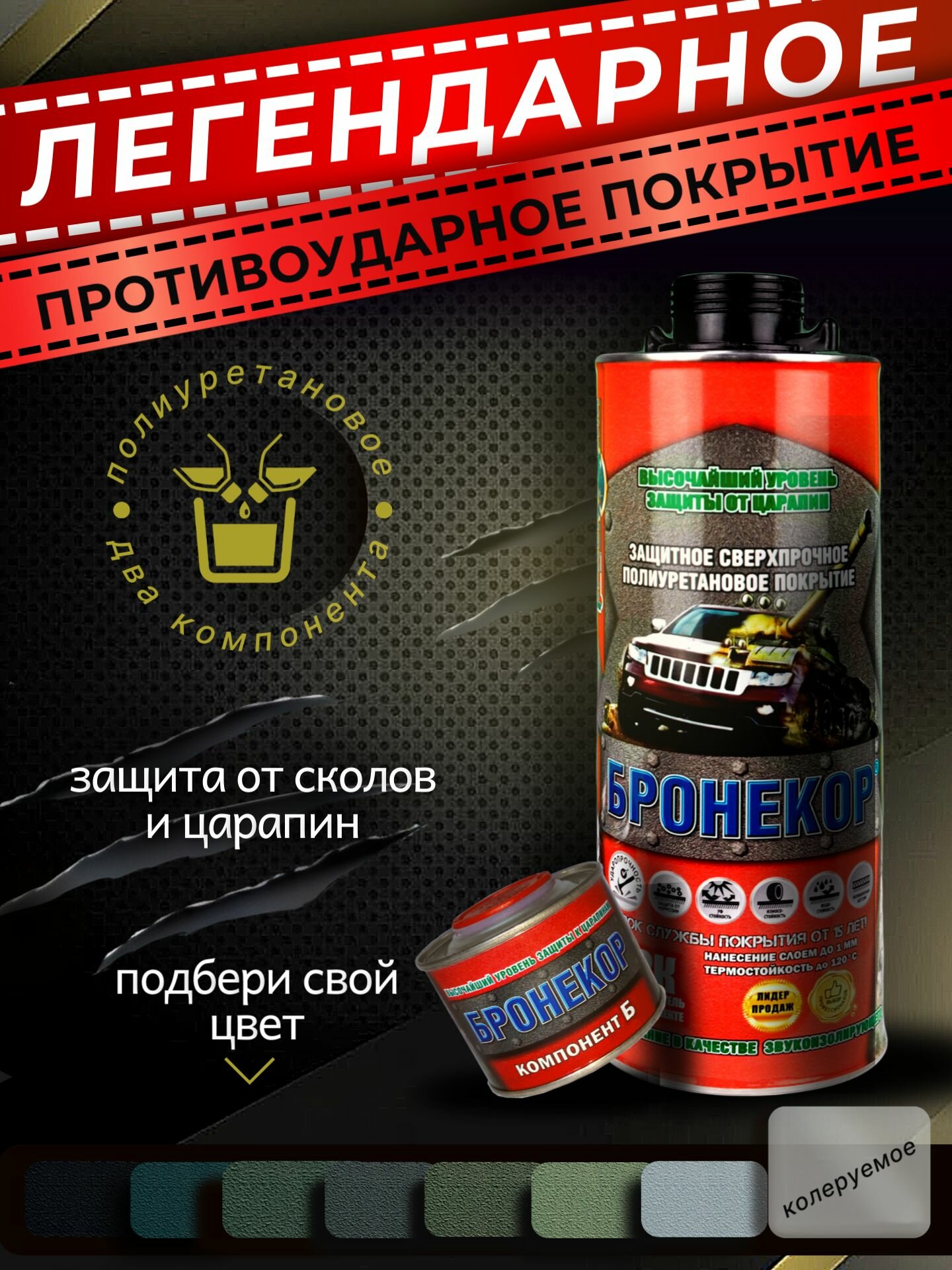 Защитное покрытие Бронекор / антигравий, сверхпрочная полиуретановая защита автомобиля, бесцветный, колеруемый, 1кг