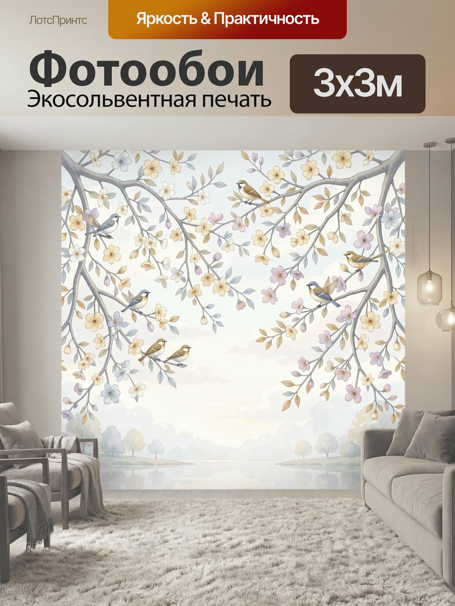 Фотообои "Весенние птицы на цветущих ветвях. Нежная акварельная композиция с тонкими ветками, пастельными цветами и маленькими певчими." 300x300 см. экосольвентная печать