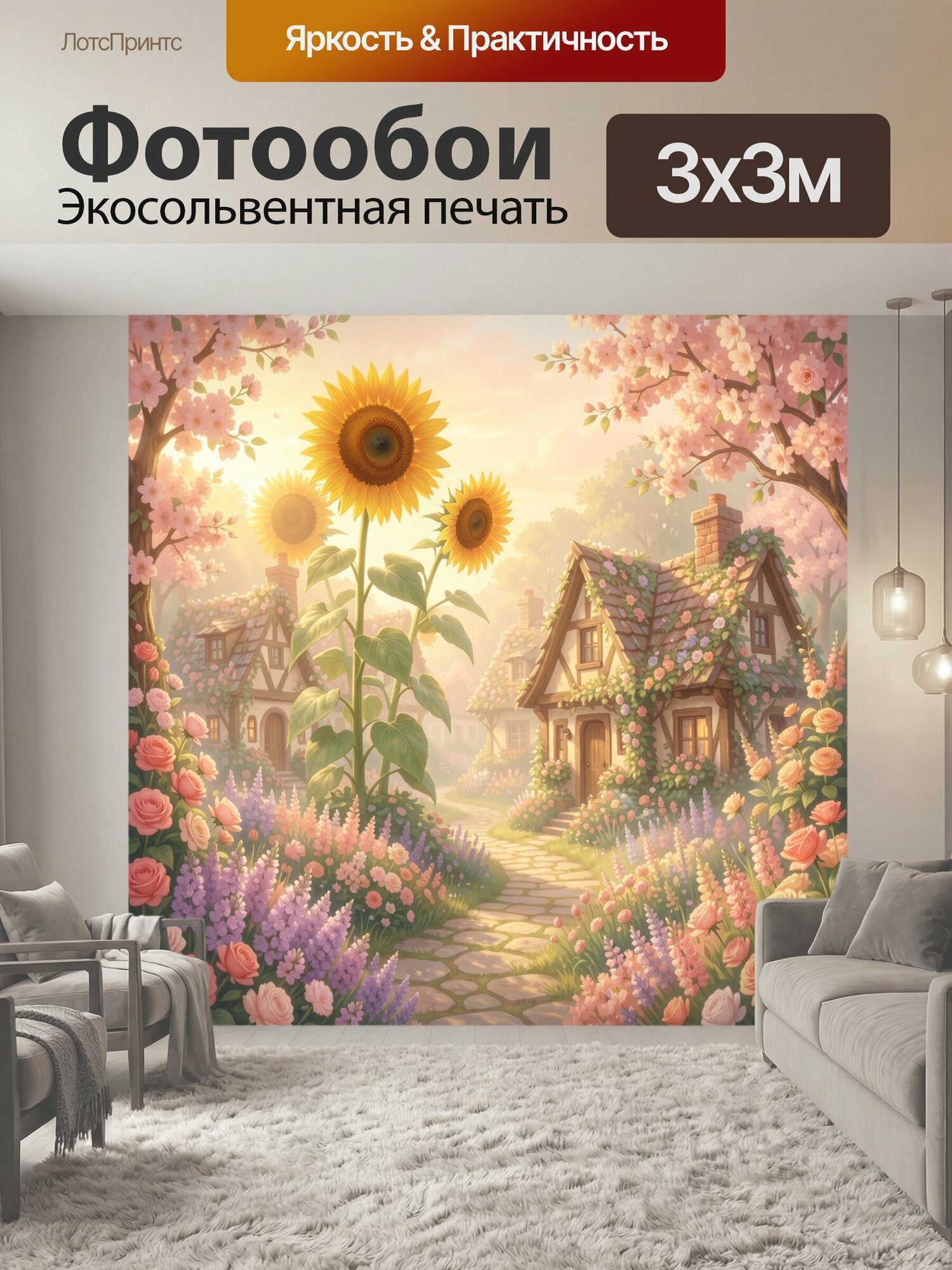 Фотообои "Солнечный сад с подсолнухами. Уютная сказочная деревня среди цветущих деревьев и пышных клумб, высокий солнечный цветок в центре." 300x300 см. экосольвентная печать