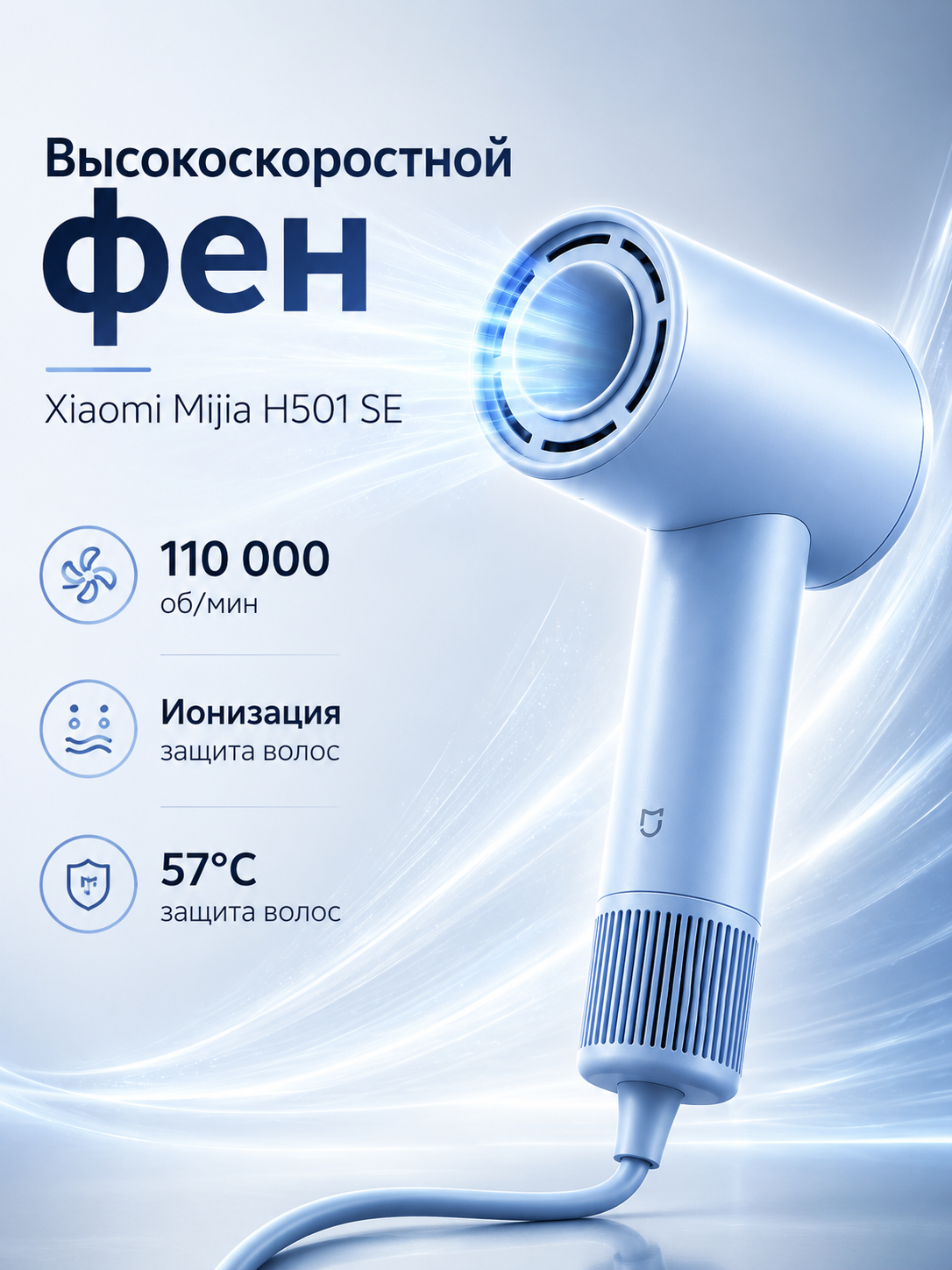 Фен для волос Xiaomi Mijia H501 SE, ионизация, высокая скорость, синий