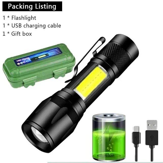 Фонарик USB COB+XPE 2000 люмен, черный, в коробке