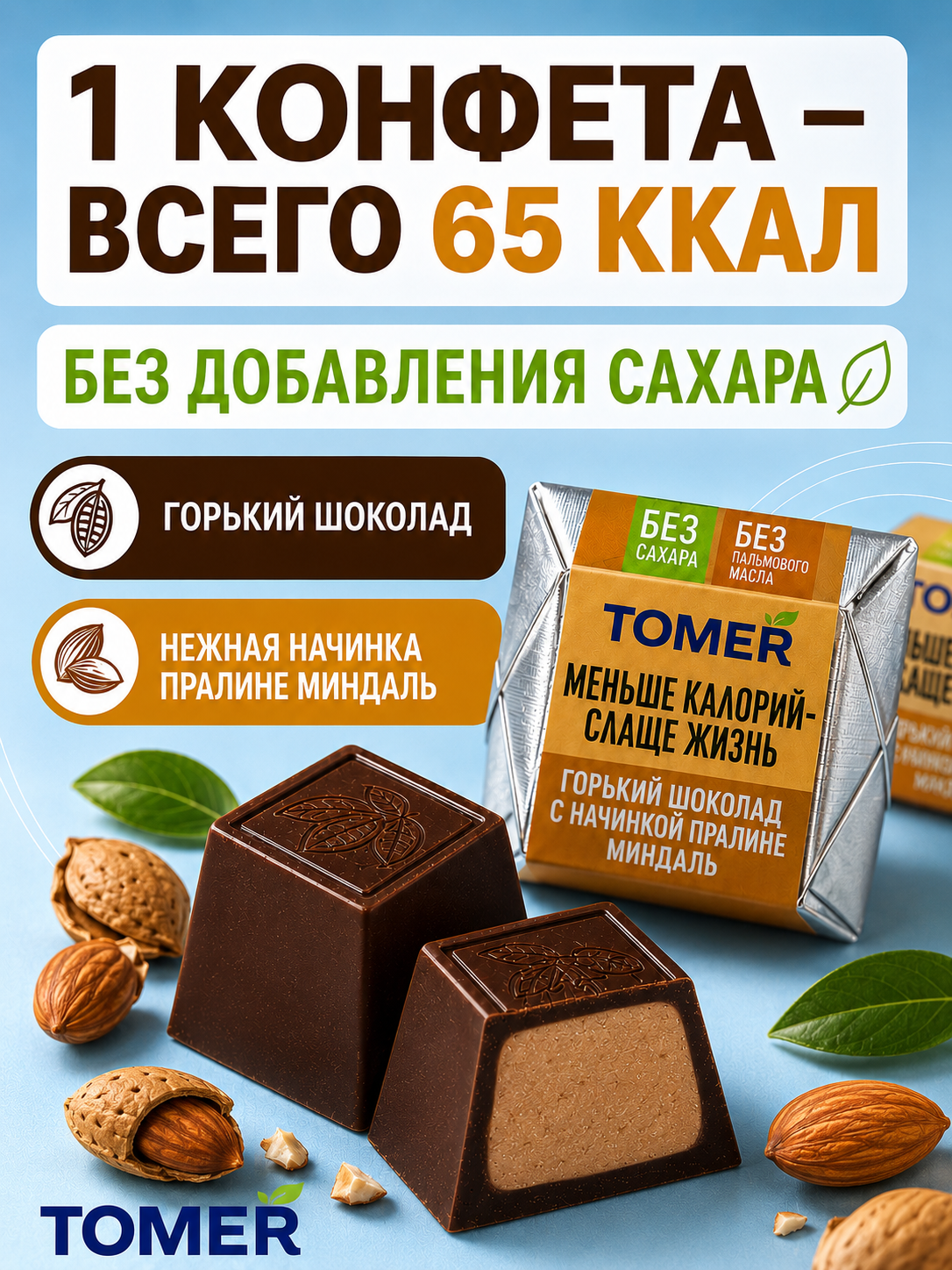 Конфеты без сахара «Пралине миндаль» в горьком шоколаде Томер, 260 г