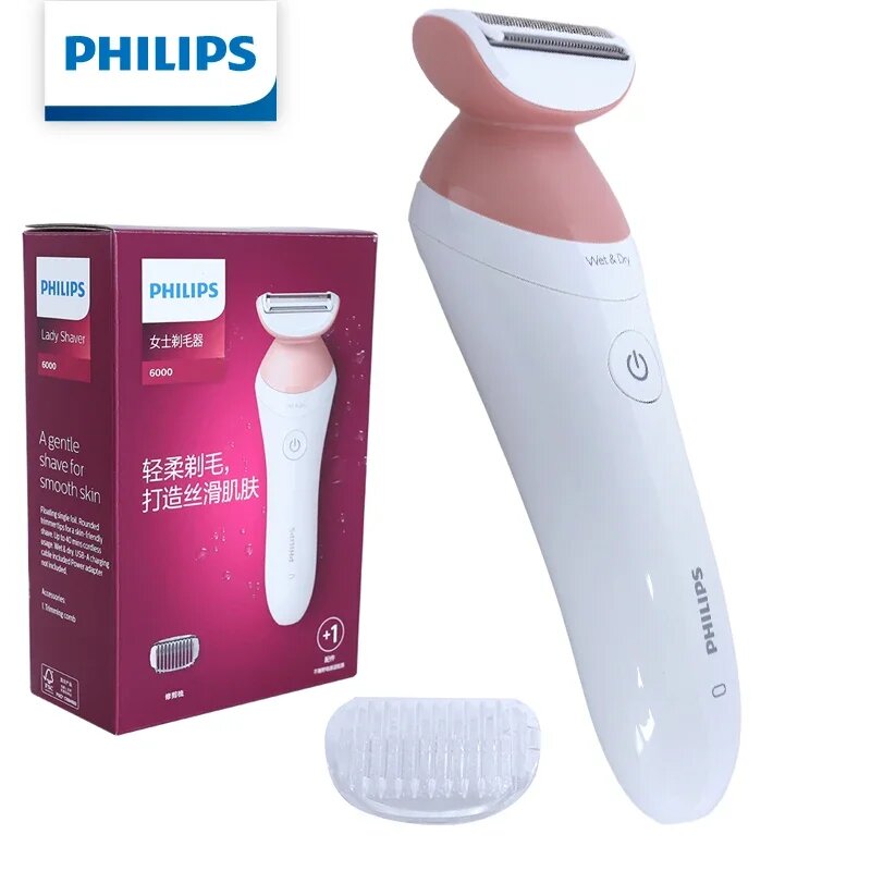 Электробритва Philips Lady серии 6000, беспроводная, для влажного и сухого бритья, с 3 лезвиями, для женщин, для удаления волос на ногах, теле и в зоне бикини