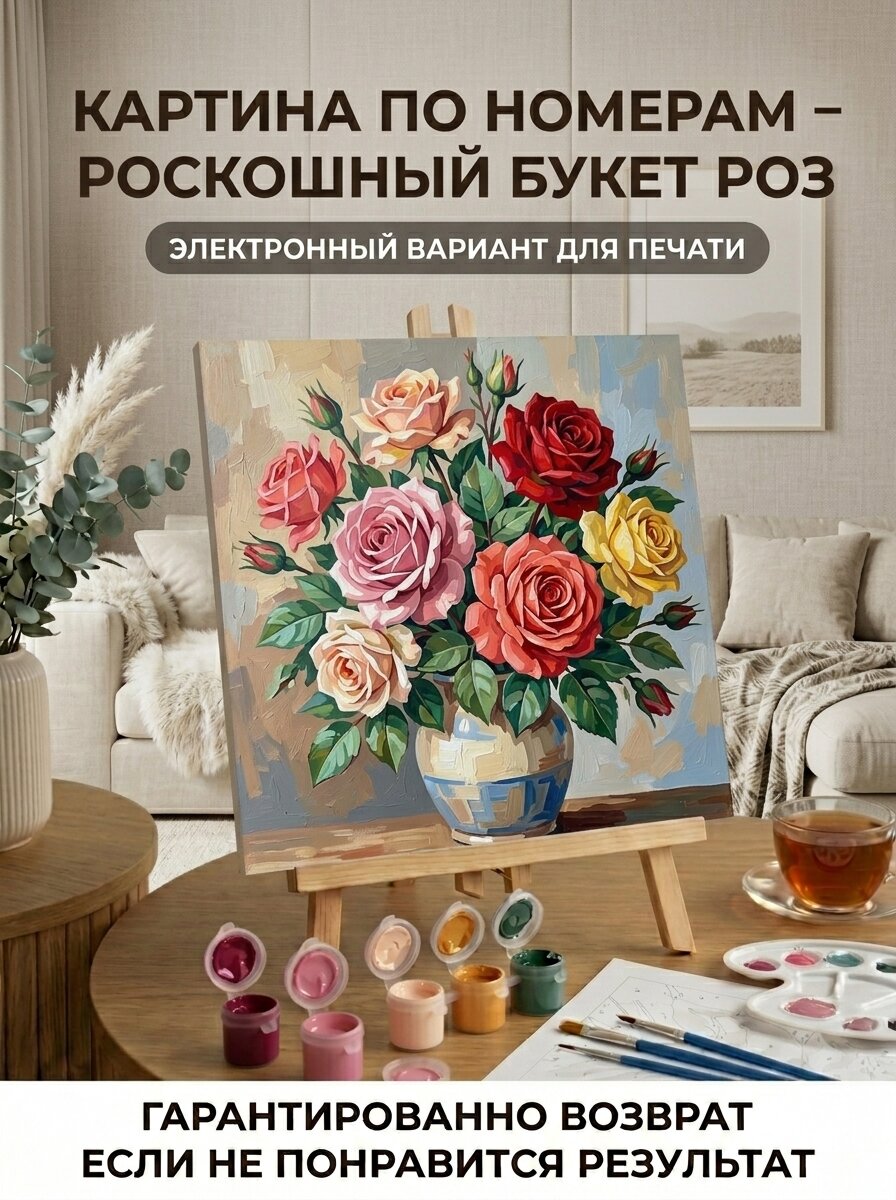 Картина по номерам "Роскошный букет роз", на холсте, PDF-инструкция