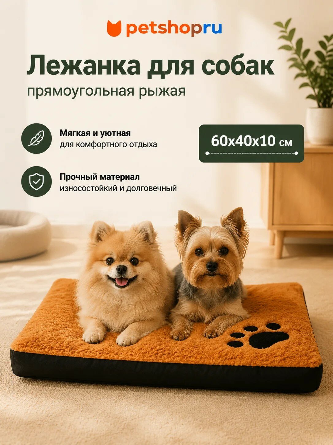 Лежанка для кошек и собак прямоугольная, рыжая