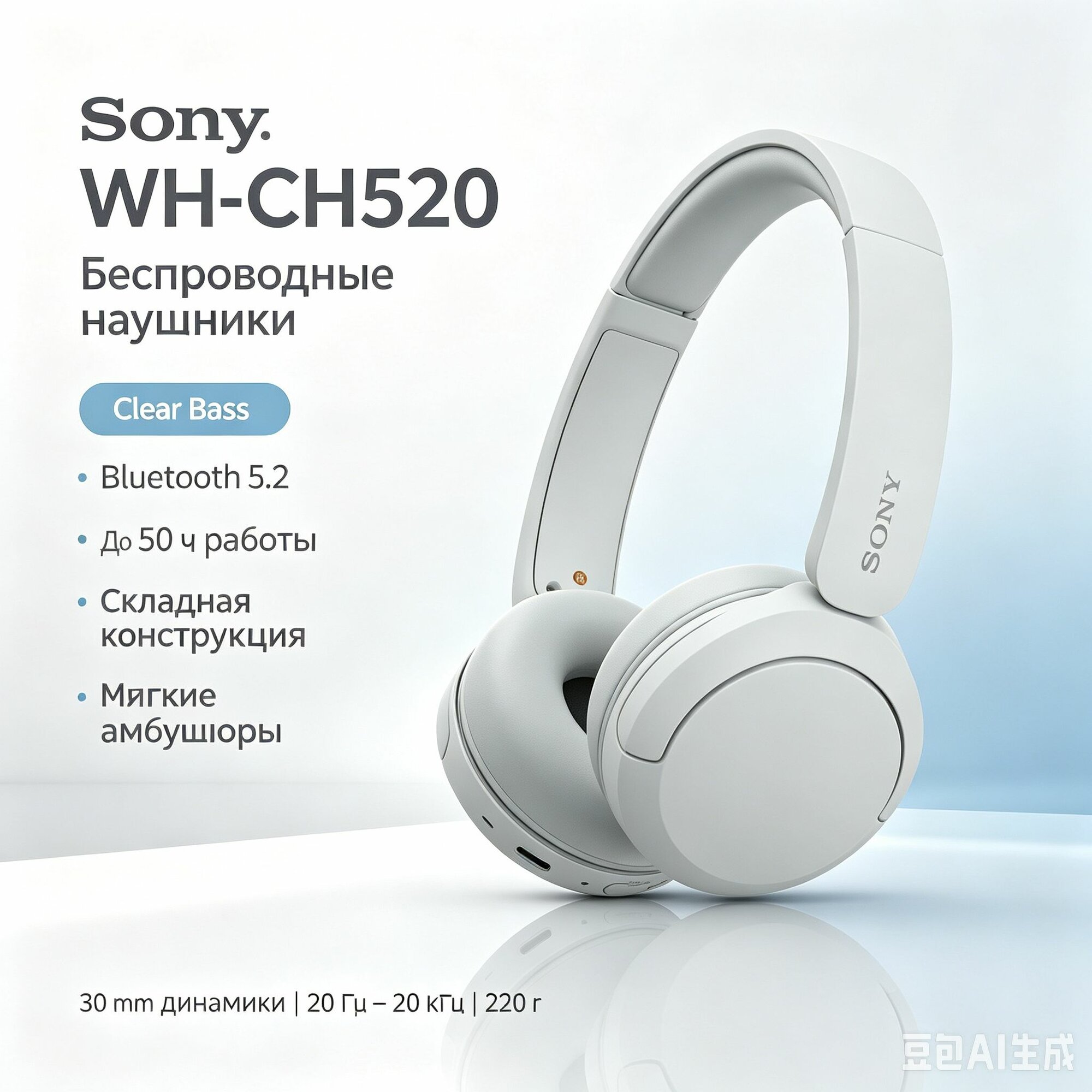 Sony Наушники беспроводные с микрофоном SONY WH-CH520, Bluetooth, USB Type-C, белый bluetooth наушники usb type-c зарядка белые