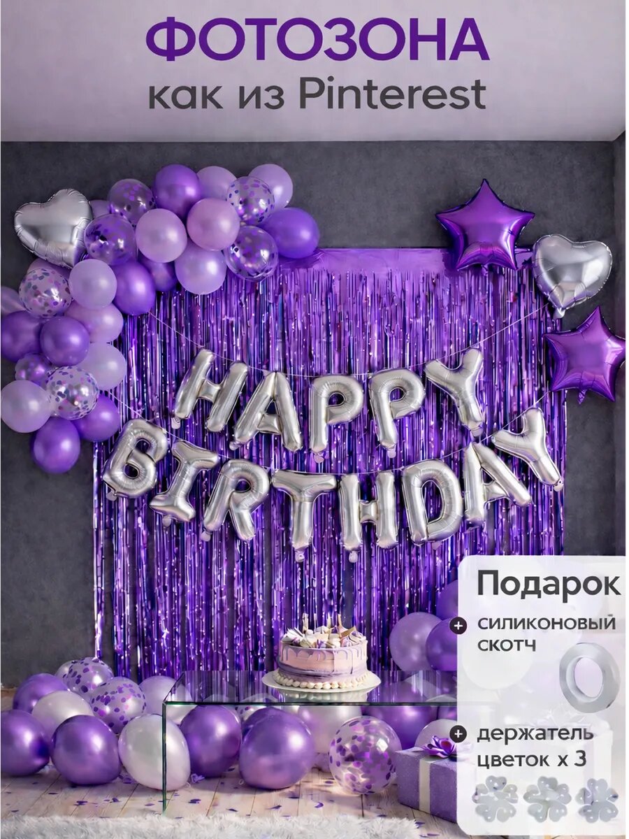 Воздушные шары Happy Birthday фотозона на День Рождения, фиолетовый