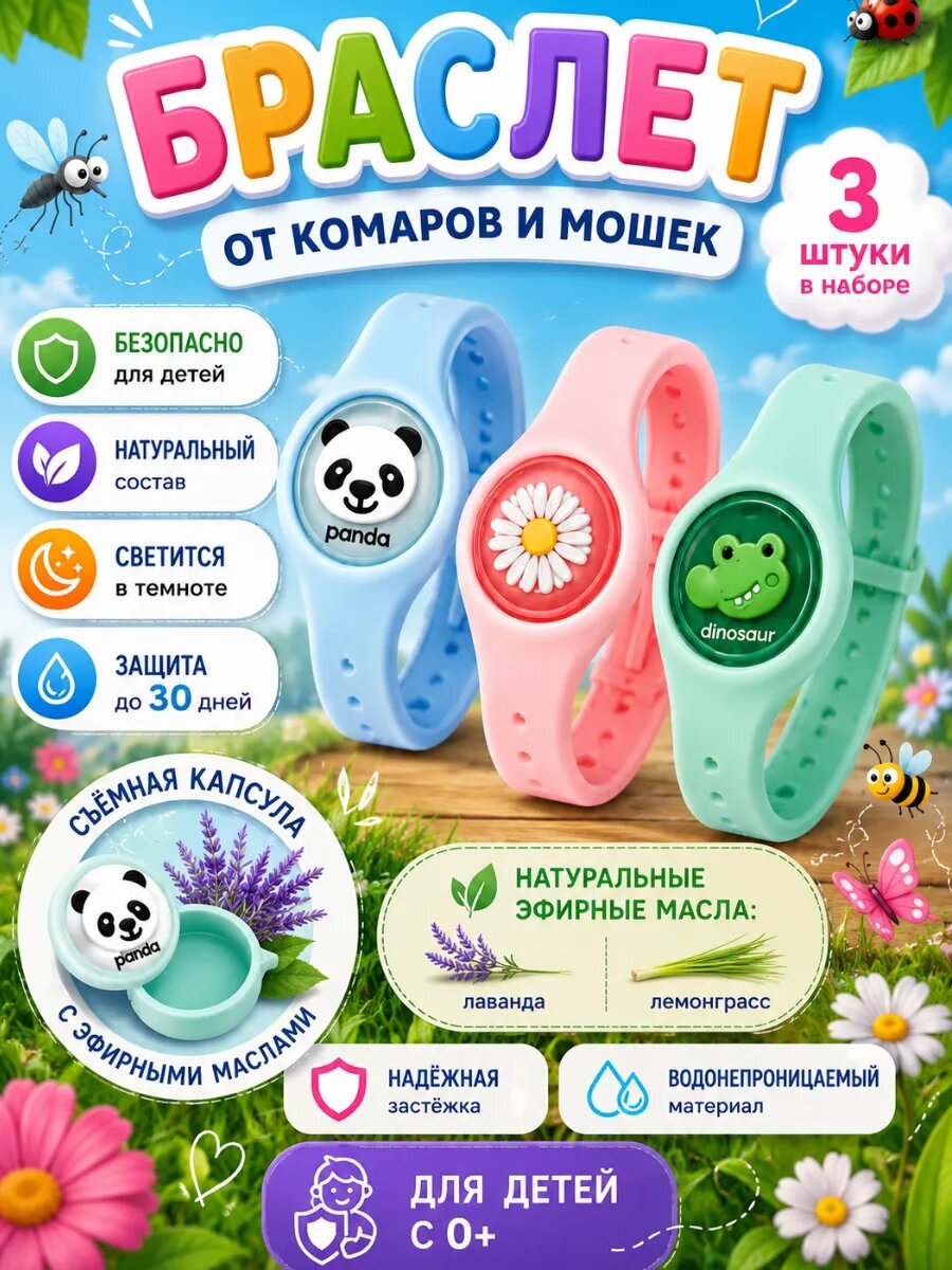 Браслет от комаров детский многоразовый 3 шт