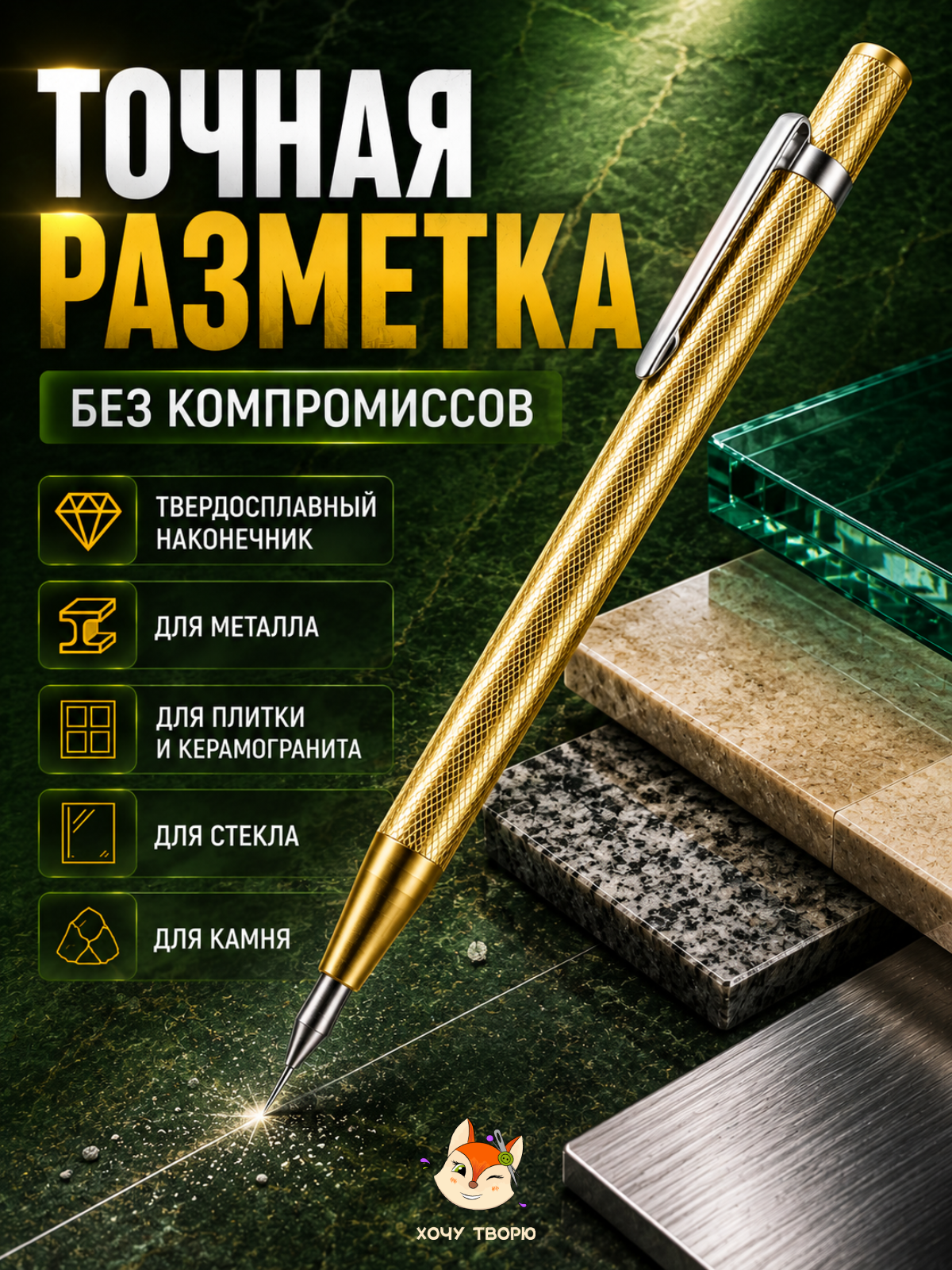 Чертилка твердосплавная, разметочный карандаш для металла, стекла, плитки и керамогранита, 140 мм